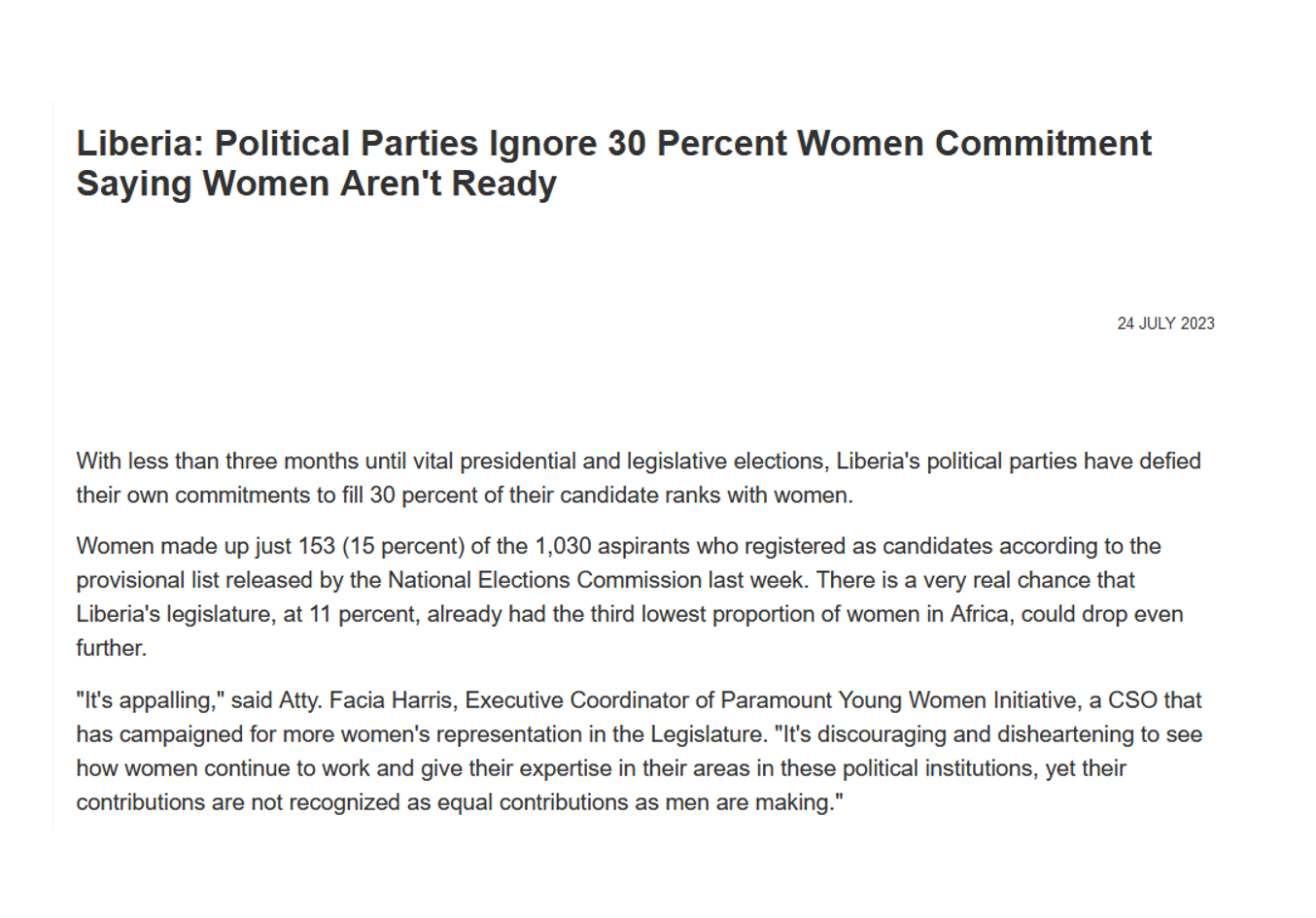 Liberia: political parties ignore 30 percent women commitment saying ...