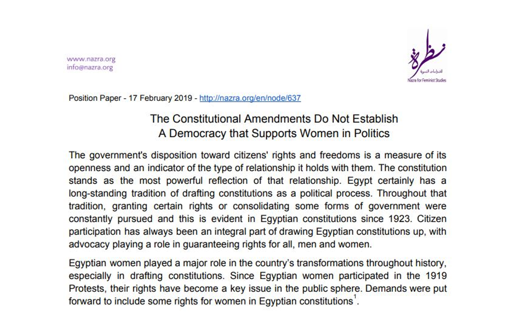 Egypt: Position paper by Nazra on the constitutional amendments and ...