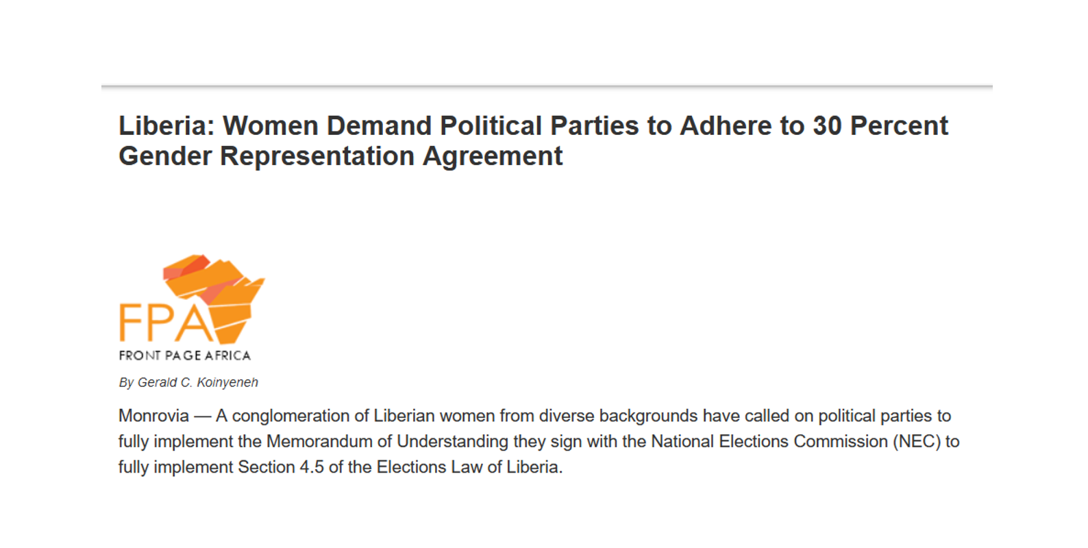Liberia: women demand political parties to adhere to 30 percent gender ...